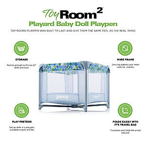Joovy Toy Room² Playard Baby Doll Playpen Featuring Sturdy Steel Frame and Collapsible Design Allows for Easy Fold for Travel, and Travel Case - Large Enough for 22” Dolls (Blue Dot)