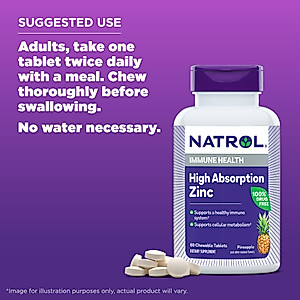 Natrol High Absorption Zinc 7.5 mg per Serving, Dietary Supplement for Immune Health, Chewable Tablets for Adults, 60 Zinc Tablets, 60 Day Supply