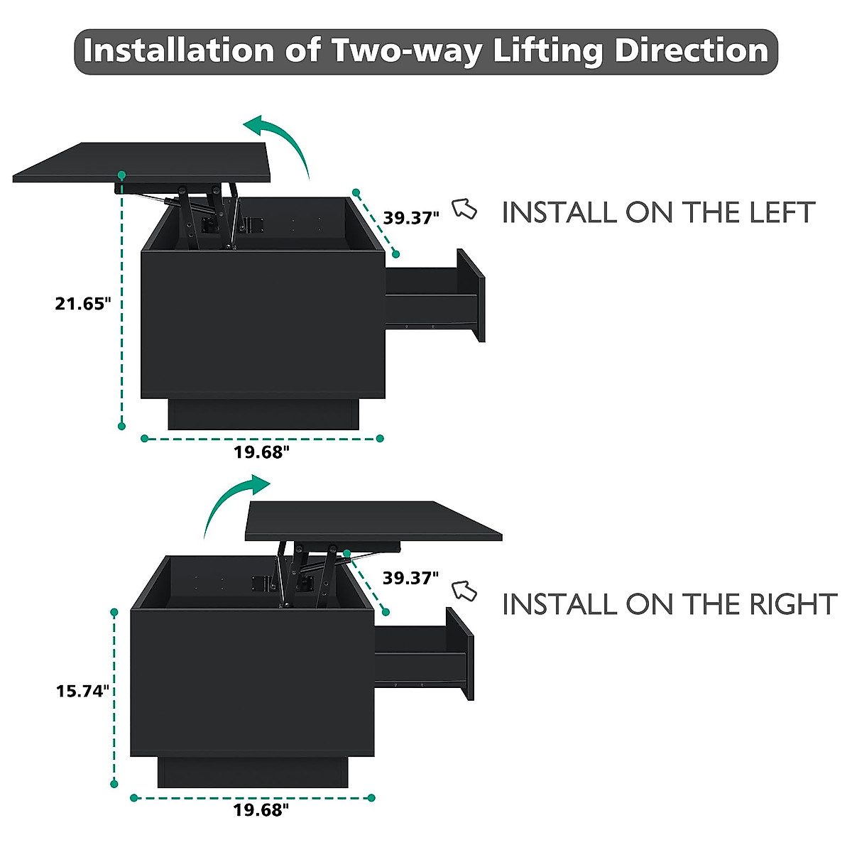 HOMMPA 40" Lift Top Coffee Table with Storage LED Coffee Table Morden High Gloss Living Room 3 Tiers Modern Tea Table with Storage Center Tables Hidden Compartment & Open Shelve & Drawer Black