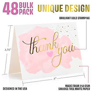 Thank You Cards with Envelopes (Set of 48) | Great for Baby Shower, Bridal Shower, Wedding, Parties & More | Thank You Notes Gold Foil Stamped Premium Cardstock with Pink Blush Watercolor Design