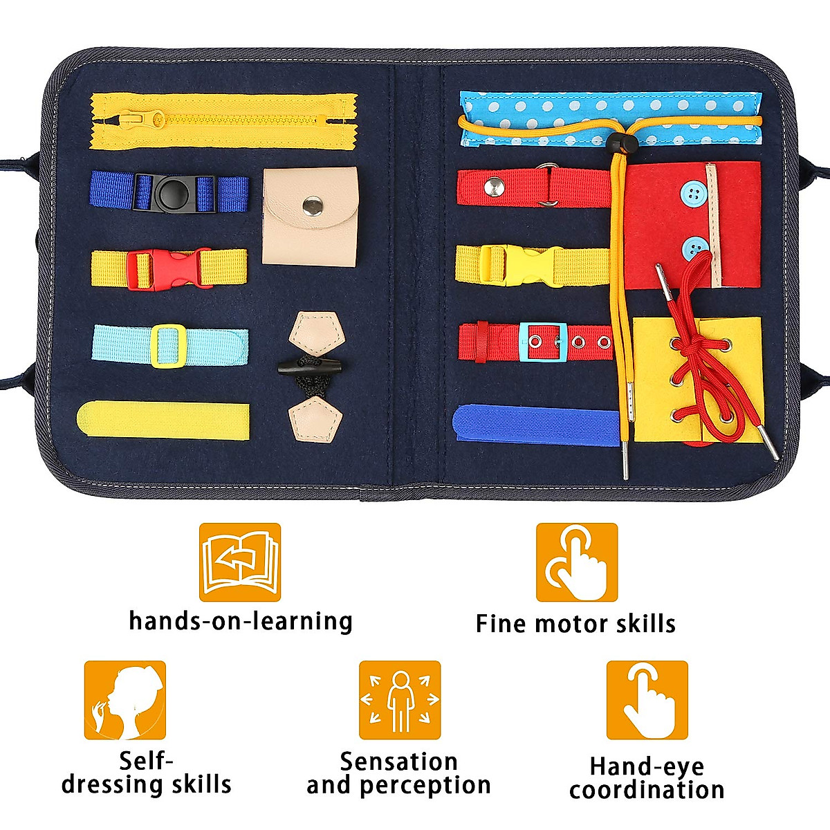 FBve Toddler Busy Board, Montessori Basic Skills Activity Board for Fine Motor Skills & Learn to Dress - Educational Learning Toys for Toddlers - Sensory Toy for Airplane or Car Travel