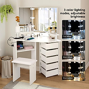 VOWNER Vanity with Lights - Makeup Vanity Desk with Power Outlet, 3 Color Lighting Options Brightness Adjustable, Vanity Table with 5 Rotating Drawers, Shelves and Stool for Bedroom, White