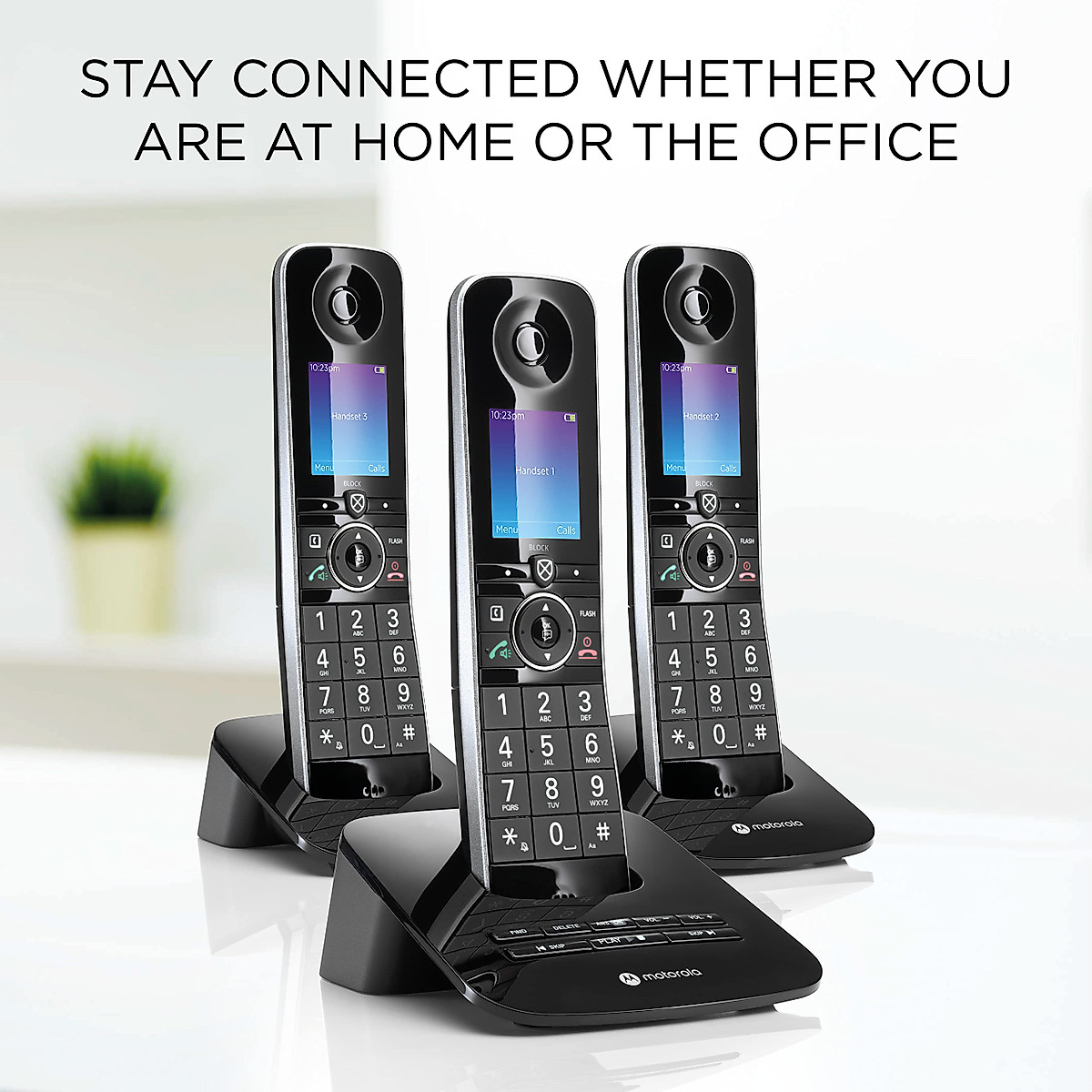 Motorola Voice D8713 Cordless Phone System w/3 Digital Handsets + Bluetooth to Cell, Answering Machine, Call Block - Black