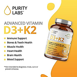 Purity Labs Vitamin D3 + K2 - Immune Support Supplement Enhanced with Bioperine - Vegan Supplements for Daily Defense, Bone, Muscle, and Skin Health - 120 Capsules