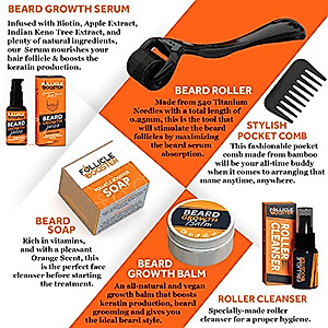 FOLLICLE BOOSTER Complete Beard Growth Kit - 6 in 1 - Coverup Your Patchy Beard in 12 Weeks - Roller, Serum Oil (1oz), Balm (1oz), Wash Soap, Cleanser and Comb