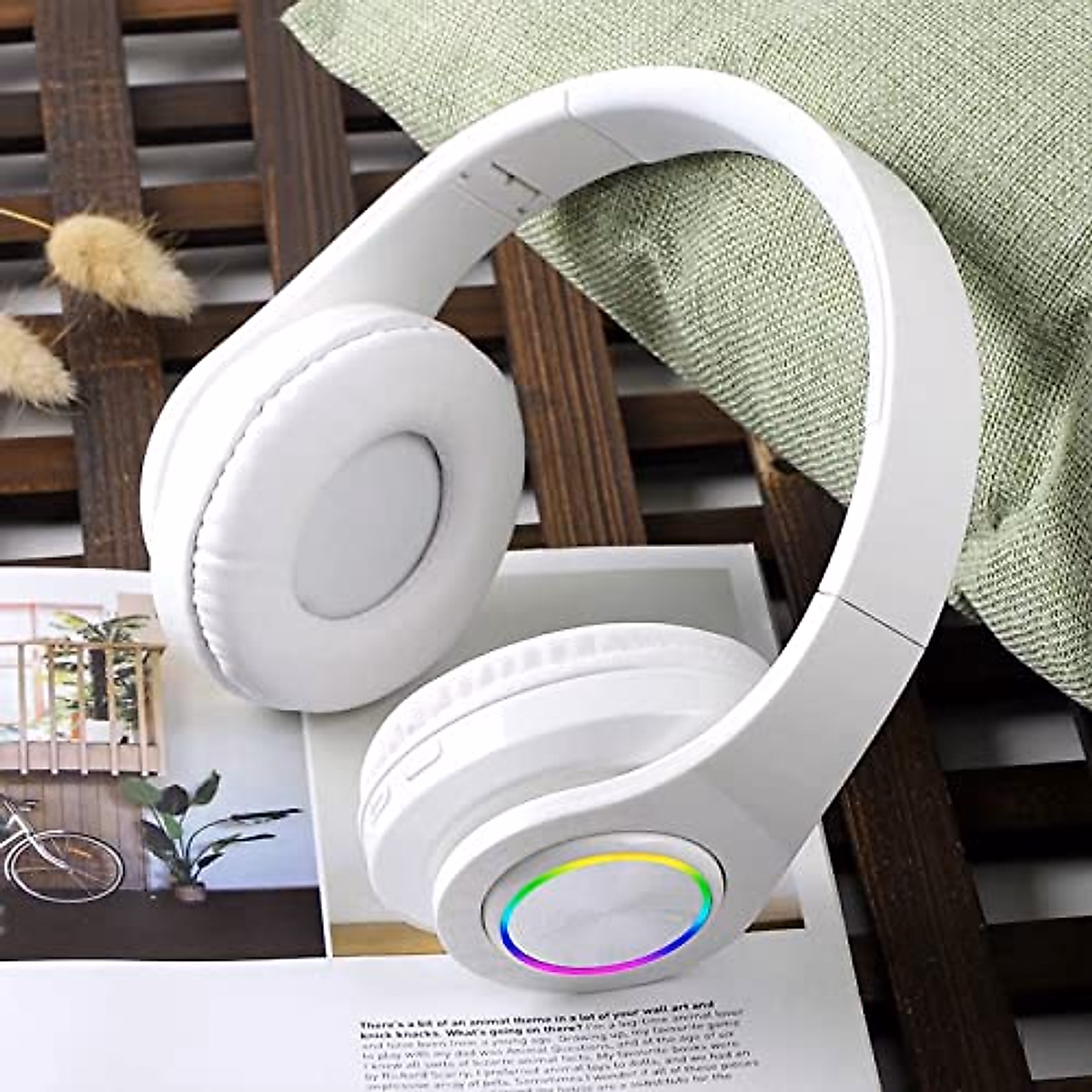 LFGKeng Wireless Bluetooth Headphones with Colorful LED Lights, Built-in Mic, Lightweight, Foldable HiFi Stereo Deep Bass Headphones for Classroom/Home Office/PC/Mobile Phone/Kids Adult (White)