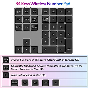 Foloda Bluetooth Number Pad: Wireless BT Numeric Keypad, Multi-Devices Rechargeable USB C Numpad, 34 Keys Financial Accounting Extensions Data Entry Keyboard for Laptop, PC, iMac, MacBook, Notebook