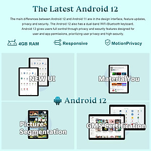 Android 12 Tablet with Keyboard 10 Inch 2 in 1 Tablets Set Include Case Mouse Stylus OTG, 4GB RAM+64GB ROM, 6000mAh Battery, Dual Camera, WiFi, BT, 10.1'' HD Display Tab, Google Certified Tableta