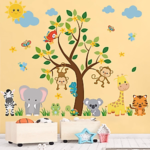 Supzone Jungle Animal Wall Stickers Monkey Tree Wall Decals Elephant Giraffe Tiger Wall Sticker for Kids Girls Boy Baby Nursery Playroom Bedroom Living Room Kindergarten Wall Decor