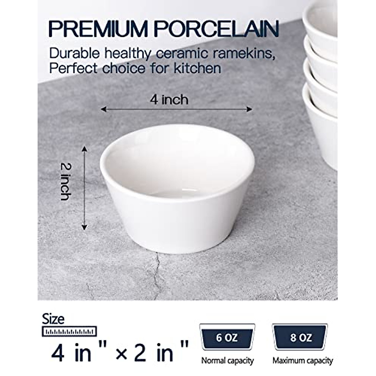 Taeochiy Porcelain Small Bowls, 8 Ounce Dessert Bowls, Ramekins Oven Safe, Ice Cream Bowls, Bouillon Cups, Set of 6