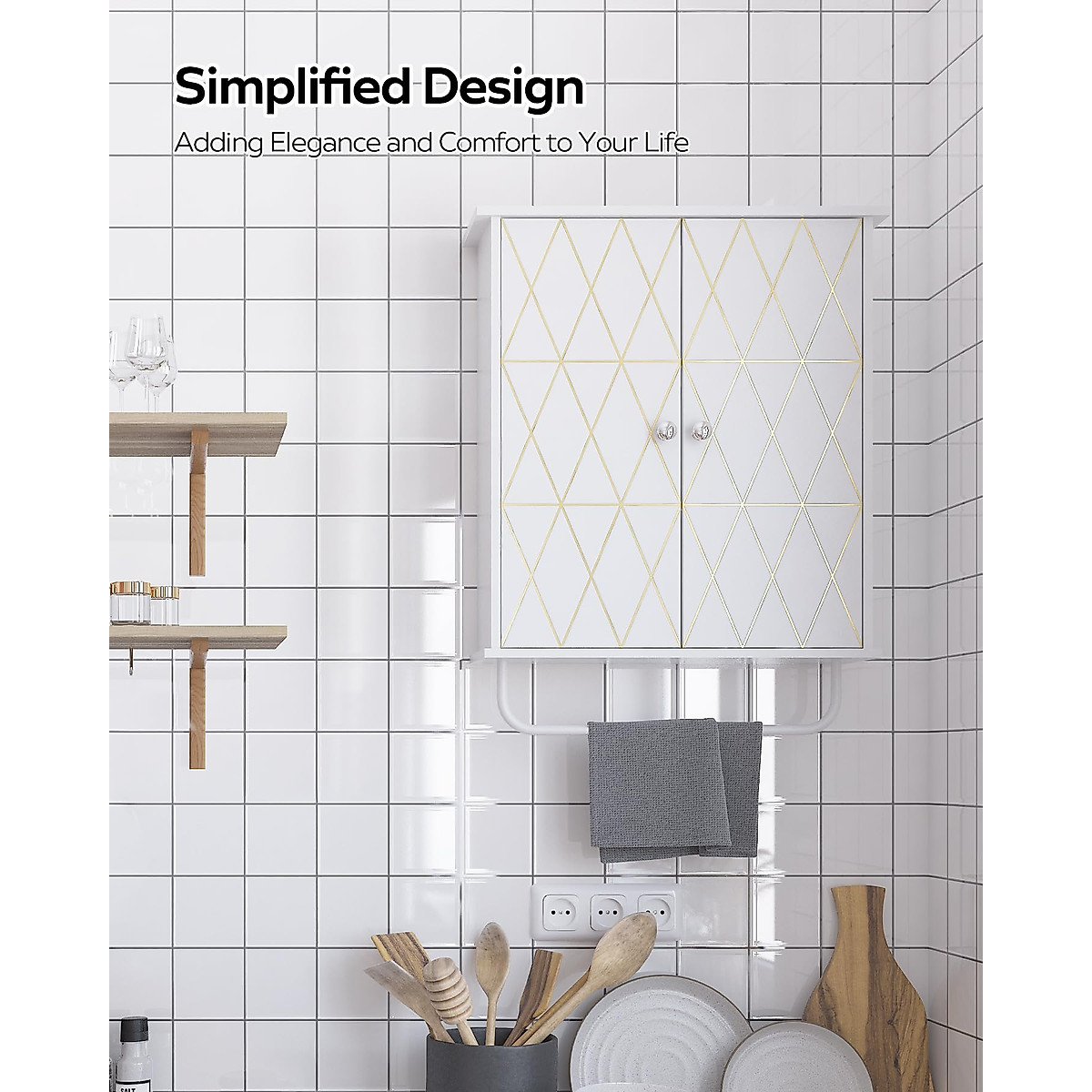 Bathroom Wall Cabinet Storage Cabinet Above Toilet, Bathroom Cabinet with Gold Decoration, Adjustable Shelves, Medicine Cabinet, and Space Saving Medicine Cabinet in The Living Room Cabinet White