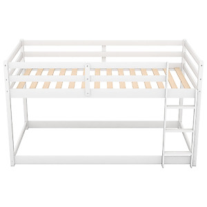 LUSPAZ Twin Over Twin Size Wood Floor Bunk Bed Frame with Ladder for Kids, Transitional Style Safety Design Bunk Bed, Easy Assembly, No Box Spring Required, for Kid's Room or Dormitory, White