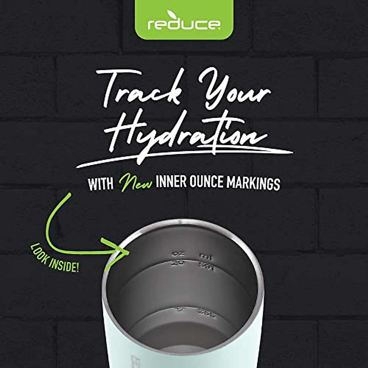 REDUCE Cold1 24 oz Tumbler with Lid and Straw - Dual-Wall Vacuum Insulated Stainless Steel Tumbler - Keeps Drinks Cold up to 24 Hours - Inner Ounce Markings to Track Hydration - OG Sea Glass