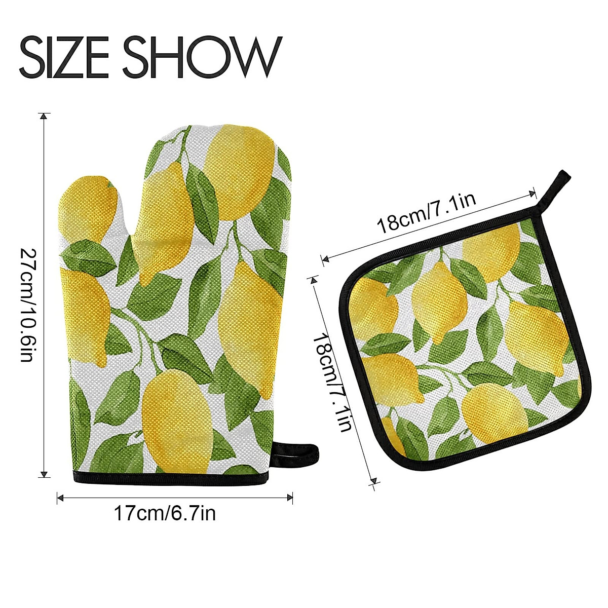 ALAZA Summer Lemon Fruit Leaves Watercolor Oven Mitt and Pot Holder Set Heat Resistant Kitchen Glove for Cooking Baking Grilling Barbecue