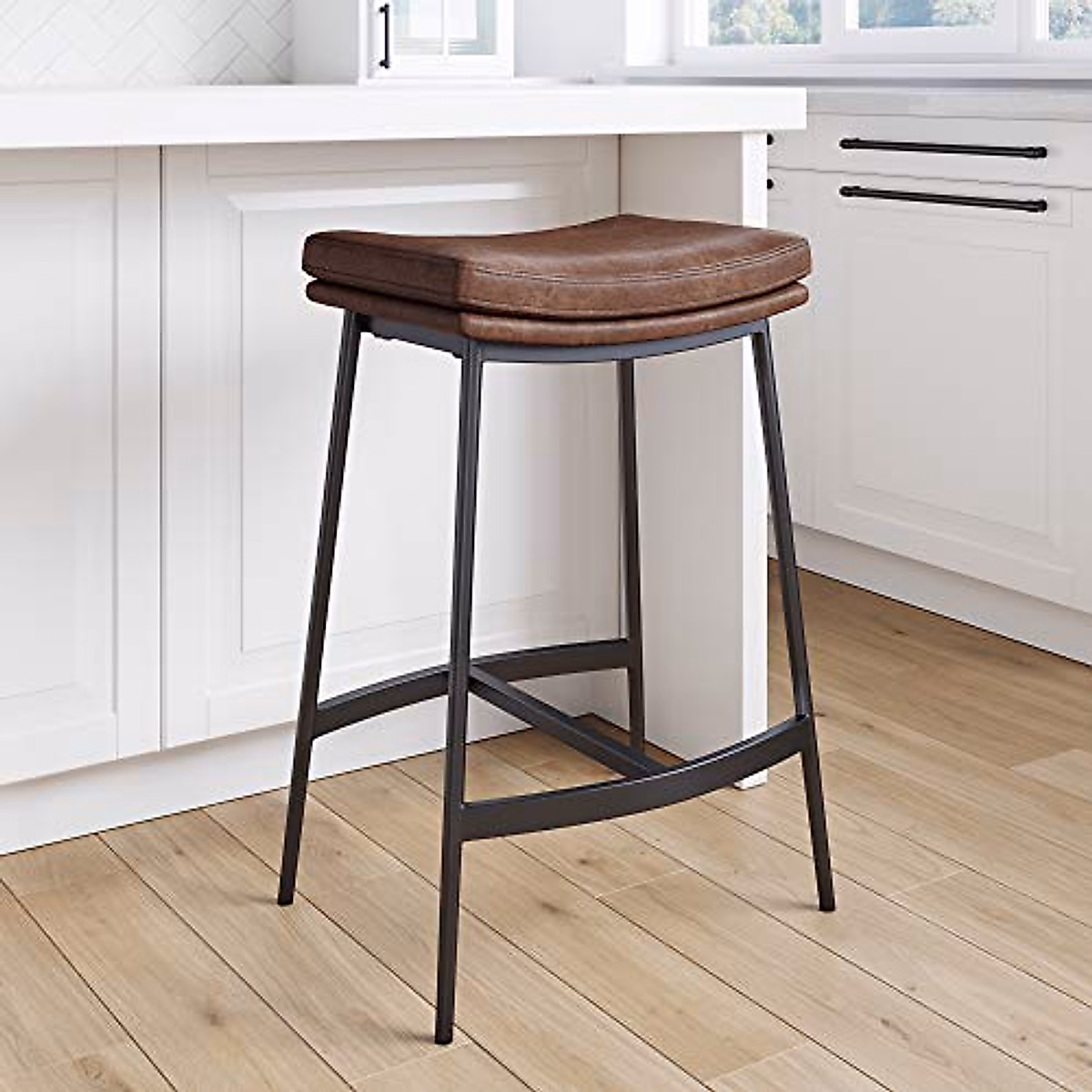 Nathan James 22202 Arlo Modern Backless Upholstered Kitchen Counter Bar Stool with Double-Layered Saddle Seat and Metal Base, Brown/Matte Black