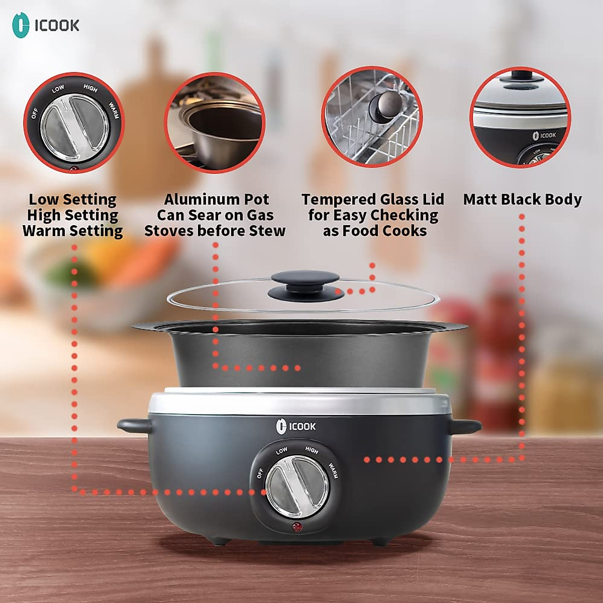 ICOOK USC-65-OP001BK 6.5 Quart Slow Cooker,Aluminium Sear/Sauté Stew Pot Stovetop safe,Dishwasher Safe,Glass Lid,Adjustable Temp,Food Warmer(Black)