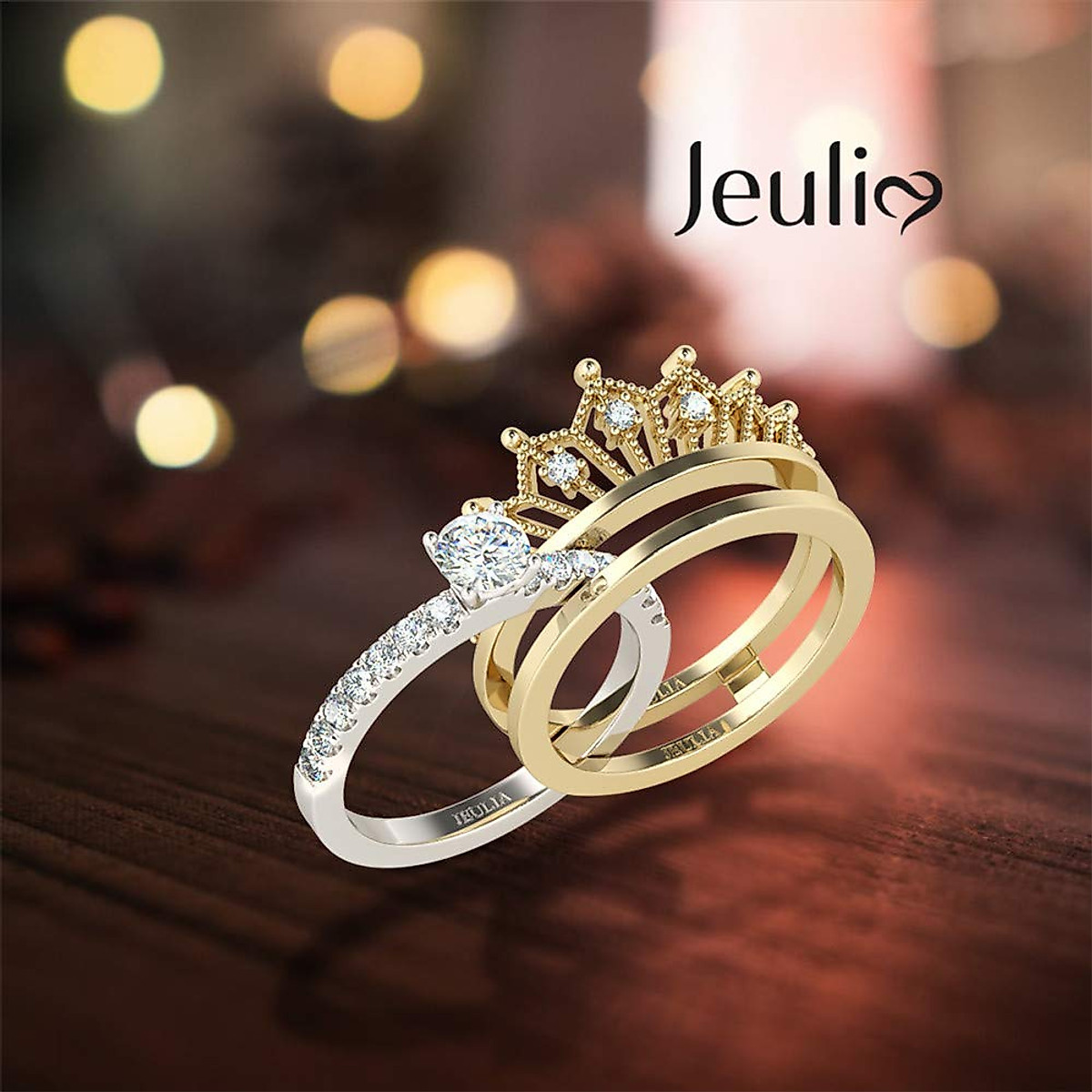 Jeulia 2 Carat Crown 925 Sterling Silver Ring For Women Crown Two Tone Round Cut Wedding Ring Sets Gold Plated Wedding Band Cubic Zirconia Engagement Ring Anniversary Promise with Jewelry Box (10)