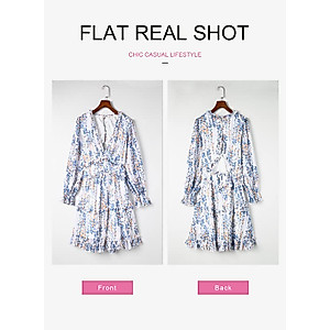 Dokotoo Womens Sun Casual V Neckline Long Sleeve Open Back Floral Print Mini Dress Bohemian Fashion Skater A Line Ruffle Hem Flowy Dresses White Large