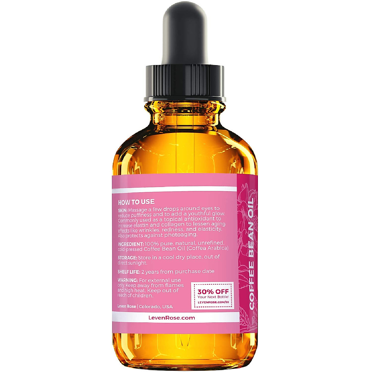 Leven Rose Coffee Bean Oil 1 oz - 100% Natural Cold Pressed Oil - Unrefined Coffee Oil for Skin and Hair