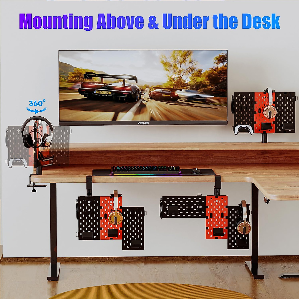 PUTORSEN Headphone and Controller Holder for Desk, Rotatable DIY Modular Headphones Holder & Controller Stand with Cable Hooks, Clamped Above/Under Desk for Xbox PS5 PS4 Switch Controller