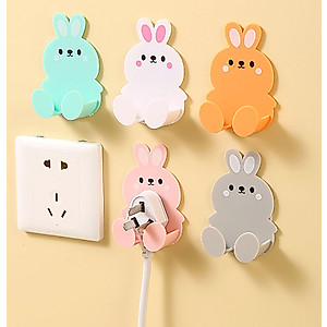 YIKANGHENG 4 Pcs Self Adhesive Plug Hooks, 4 Color Rabbit Design Plastic Plug Organizer Wall Hooks (4)