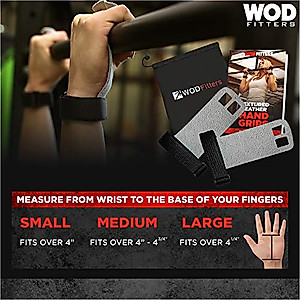 WODFitters Textured Leather Hand Grips for Cross Training, Kettlebells, Powerlifting, Chin Ups, Pull Ups, WODs & Gymnastics - with Grips Storage Pouch (Black, Small - Fits up to 4")