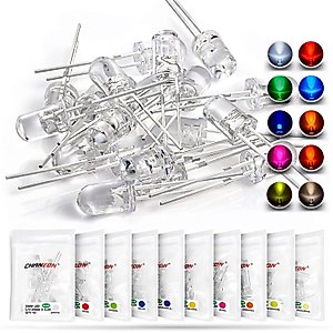 CHANZON 100pcs 5mm LED Diode Lights Assortment 10 Colors x 10pcs Diodes (Clear Transparent Lens) Emitting Lighting Bulb Lamp Assorted Kit Variety Color White Red Yellow Green Blue Orange UV Pink