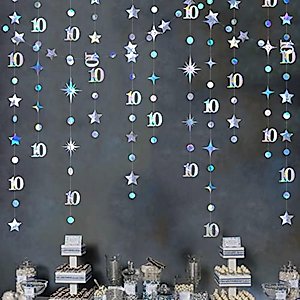 Iridescent 10th Birthday Decorations Number 10 Circle Dot Twinkle Star Garland Metallic Hanging Streamer Bunting Banner Backdrop for Girls Boys Ten Year Old Birthday 10th Anniversary Party Supplies