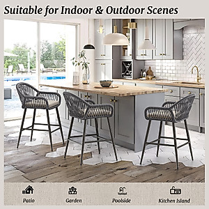 26.8" H Rattan Boho Outdoor Counter Height Bar Stools Set of 6, Woven Rope Backrest & Armrest Outdoor Barstools with Aluminum Legs for Kitchen Patio, Slate Gray