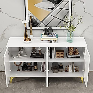 ECACAD Modern Sideboard Buffet Storage Cabinet with 4 Decorative Doors & Shelves, Kitchen Cupboard Console Cabinet with Metal Legs for Living Room, Entryway, White (55.2”L x 15.2”W x 30.8”H)