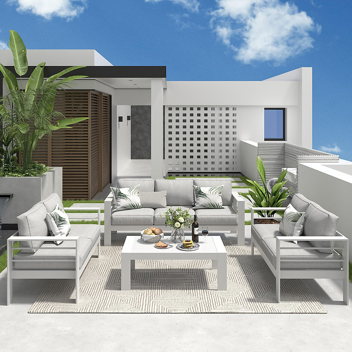 Solaste Aluminum Patio Furniture Set,4 Piece Metal Outdoor Furniture with 5 Inch Water-Resistant Cushions and Coffee Table for Balcony,Front Porch,and Backyard,White