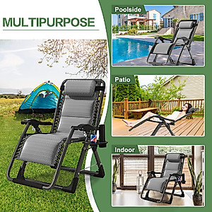 Barbella Zero Gravity Chair Reclining Lounge Chair Patio Chairs, Adjustable Lawn Recliner Folding Lounge Recliners with Removable Cushion, Headrest & Cup Holder, Ice Touch Silk Reclining Chair