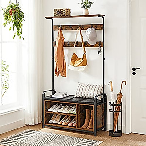 VASAGLE Hall Tree with Storage Bench, Entryway Storage with 9 Hooks, Coat Rack with Soft Bench, Shoe Rack, Steel Frame, Rustic Brown and Black UHSR099B01