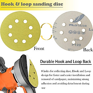 M-jump 100 Pack 5 Inch Sanding Discs, 120 Grit Hook and Loop Sandpaper for Woodworking or Automotive, 8 Hole Gold Premium Dustless Random Orbit Sandpaper