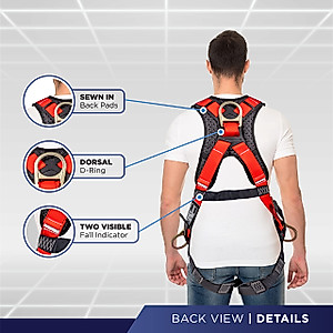 Palmer Safety ATERET Fall Protection 5pt Safety Harness, 3D-ring, Quick-Connect Buckle, Grommet Legs, Sewn in Back Pad I OSHA ANSI Compliant Personal Equipment (Red - Universal), (H222100111)