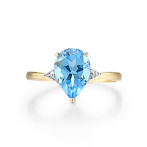 Santuzza 10K Yellow Solid Gold Solitaire Pear Shape Swiss Blue Topaz Genuine Diamond Ring for Women (6)