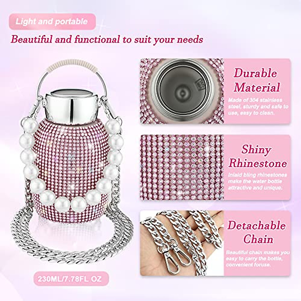 Diamond Water Bottle Bling Diamond Vacuum Flask Sparkling Glitter 7.78 OZ Bottles with Pearl Bracelet for Women Refillable Insulated Bottle Stainless (Pink)
