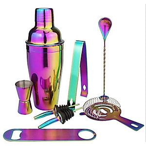 Cocktail-Shaker Set Boston-Bartender-Strainer-Kit Bar-Tool-Set - Rainbow Stainless Steel Cocktail Strainer Measuring Jigger Mixing Spoon 8Pcs