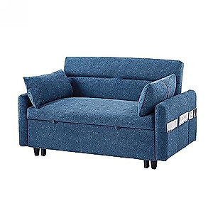 Eafurn Futon Loveseat Couch with Pull Out Bed,3-in-1 Upholstery Convertible Sleeper Sofa Reclining Chaise Lounge with Adjustable Backrest, Sofacama Sofabed, Blue w/ 6 Side Pockets and 2 Pillows