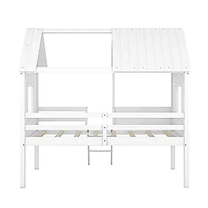 BOVZA Twin Playhouse Bed for Kids, Wood House Low Loft Bed with Two Side Windows and Roof for Girls and Boys Bedroom, White