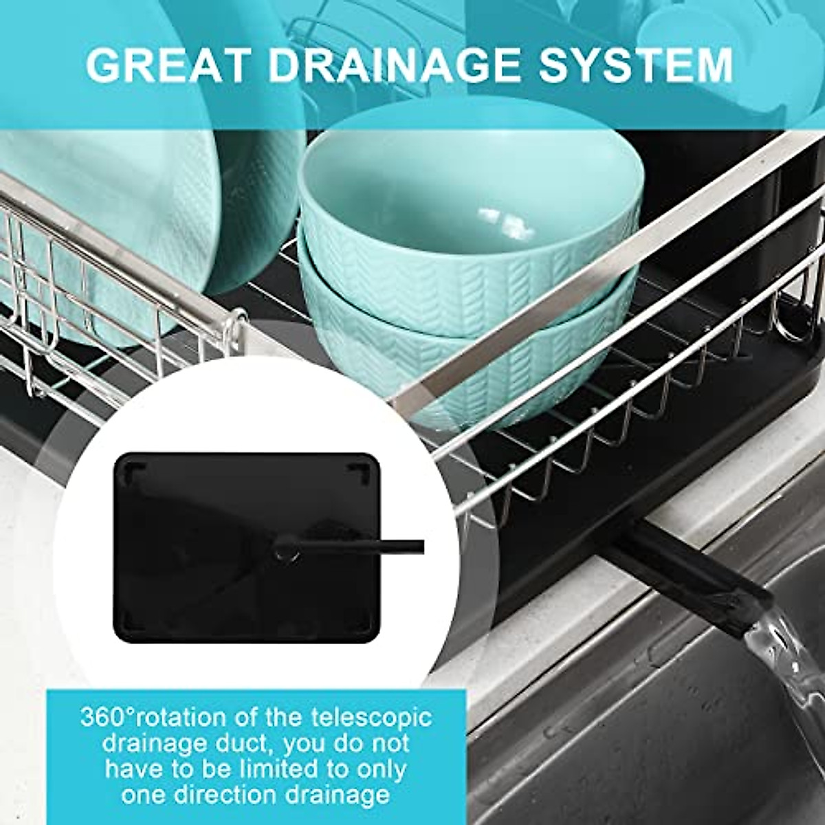 Fogein Dish Drying Rack,Dish Racks for Kitchen Counter，Stainless Steel Dish Drainer with Utensil Holder Removable Drainer Tray for Kitchen Countertop(Black)