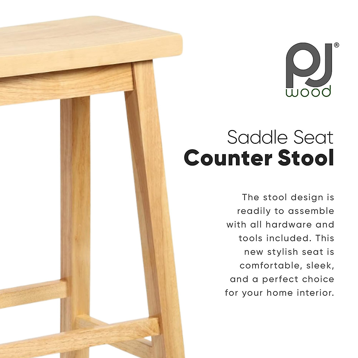 PJ Wood Classic Saddle Seat 29 Inch Tall Kitchen Counter Bar Stool for Homes, Dining Spaces, and Bars with Backless Seat, Natural