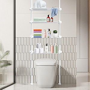 BsBsBest Over The Toilet Storage, 91-124 Inch Adjustable Bathroom Organizer, 4-Tier Toilet Rack Storage Shelf, Stainless Steel Bathroom Organizer, Spacesaver, White