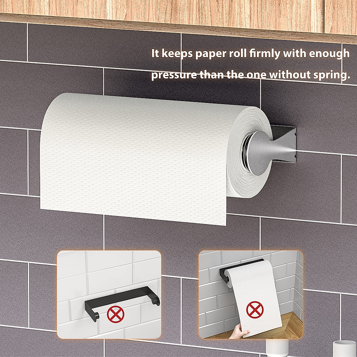 Paroto Paper Towel Holder Under Cabinet, One Hand Tear Adhesive Paper Towel Holder Wall Mount with Ring Spring, Stainless Steel Paper Holder Rack for Kitchen Bathroom