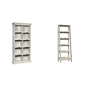 Sauder Barrister Lane Bookcase, L: 35.55" x W: 13.5" x H: 75.04", White Plank & Trestle 5-Shelf Bookcase, Chalked Chestnut Finish