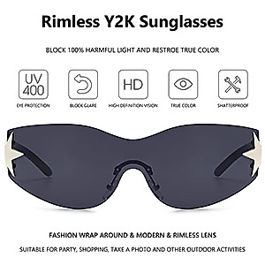 LIKSMU Rimless Y2K Sunglasses for Women Men Wrap Around Fashion Sunglasses Oversized Frameless 2000s Trendy Sun Glasses Black Lens and Black Frame