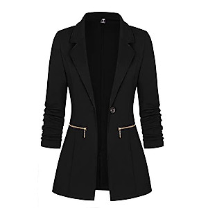 Genhoo Women's Long Stretchy Sleeve Open Front Lightweight Work Office Blazer Jacket Black L