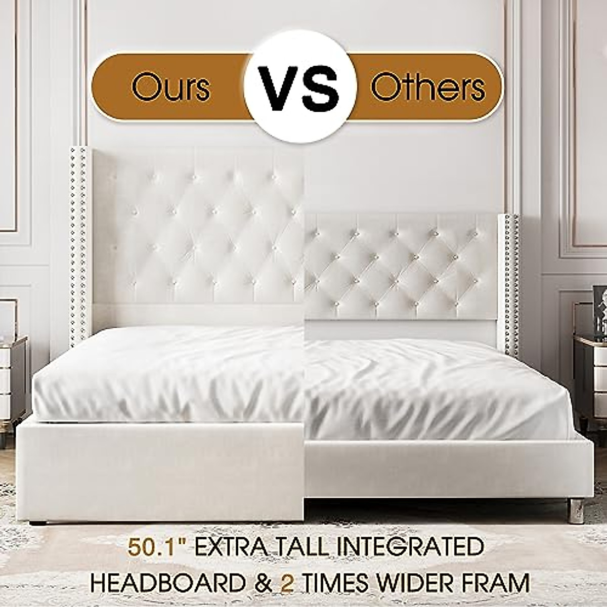 PaPaJet Lift Up Storage Bed King Size Upholstered Platform Bed Frame Button Tufted Wingback Headboard Hydraulic Lifting Storage Underneath/Wood Slats Support/Easy Assembly/Cream