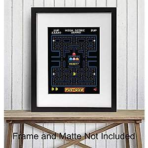 Pacman Arcade Game Poster - 8x10 Pac Man Wall Decor - Cool Unique Gift for Boys, Men, Gamer, Video Game, Arcade Games, Xbox, Nintendo, Gaming Fan - Game Room Decor