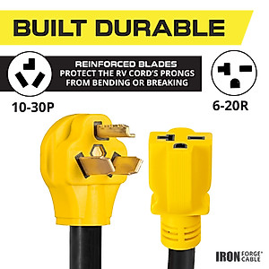 Iron Forge Cable 10-30P to 6-20R EV Charger Adapter Cord, 1.5 Ft - 12/3 STW 30 Amp Male Plug to 20 Amp Female Receptacle